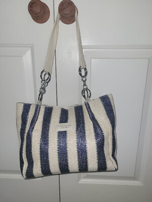 Adorable Blue & Natural Beige Striped Woven Summer Shoulder Bag Purse ...