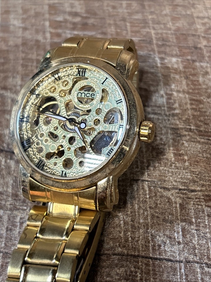 Foksy MCE Men's Skeleton Mechanical Watch Round Gold Tone Metal Band ...