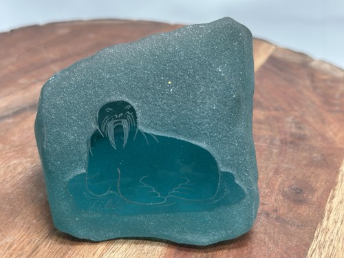Vintage Signed Siku Green Glass Stone Carving Walrus Paperweight Etched ...