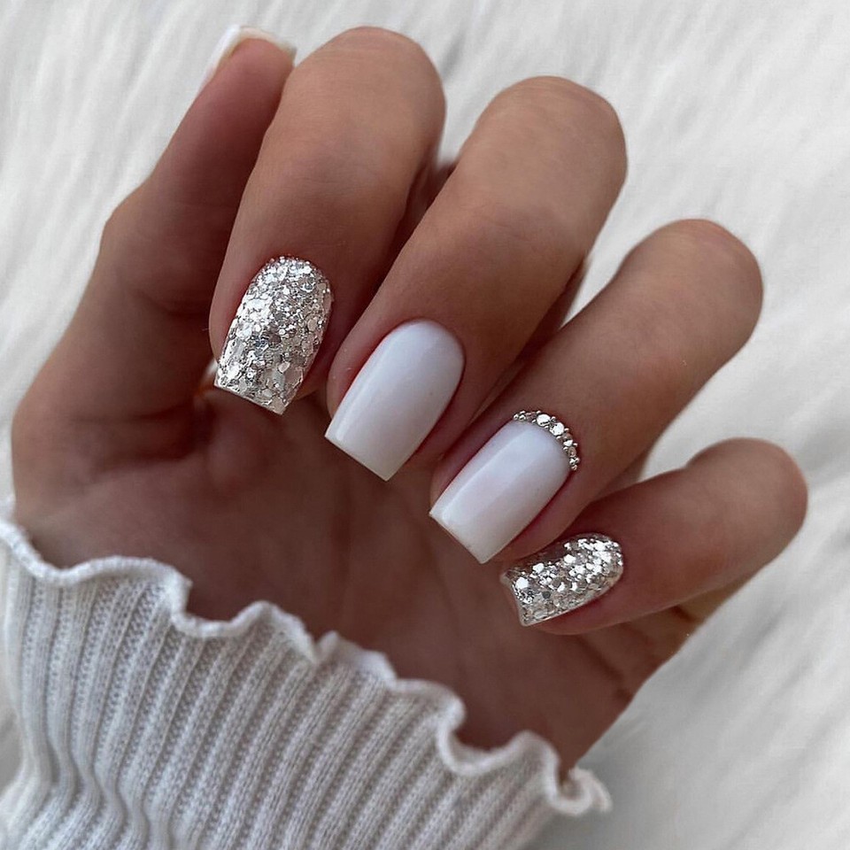 24pcs Square Short False Nail Silver Glitter White Press on Nails for ...