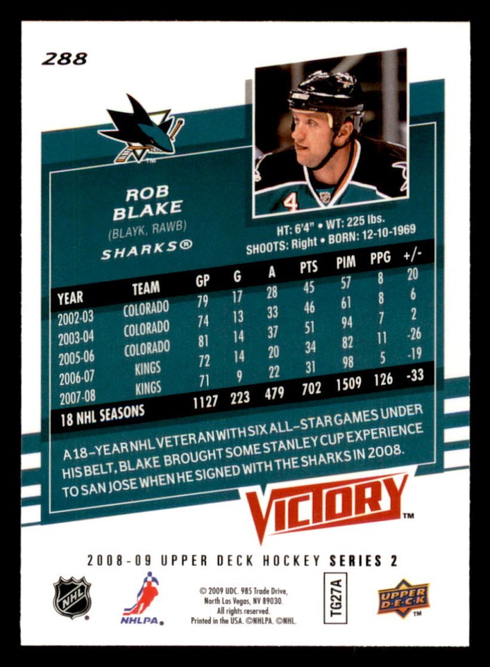 2008-09 Upper Deck Victory Update Gold #288 Rob Blake San Jose Sharks ...