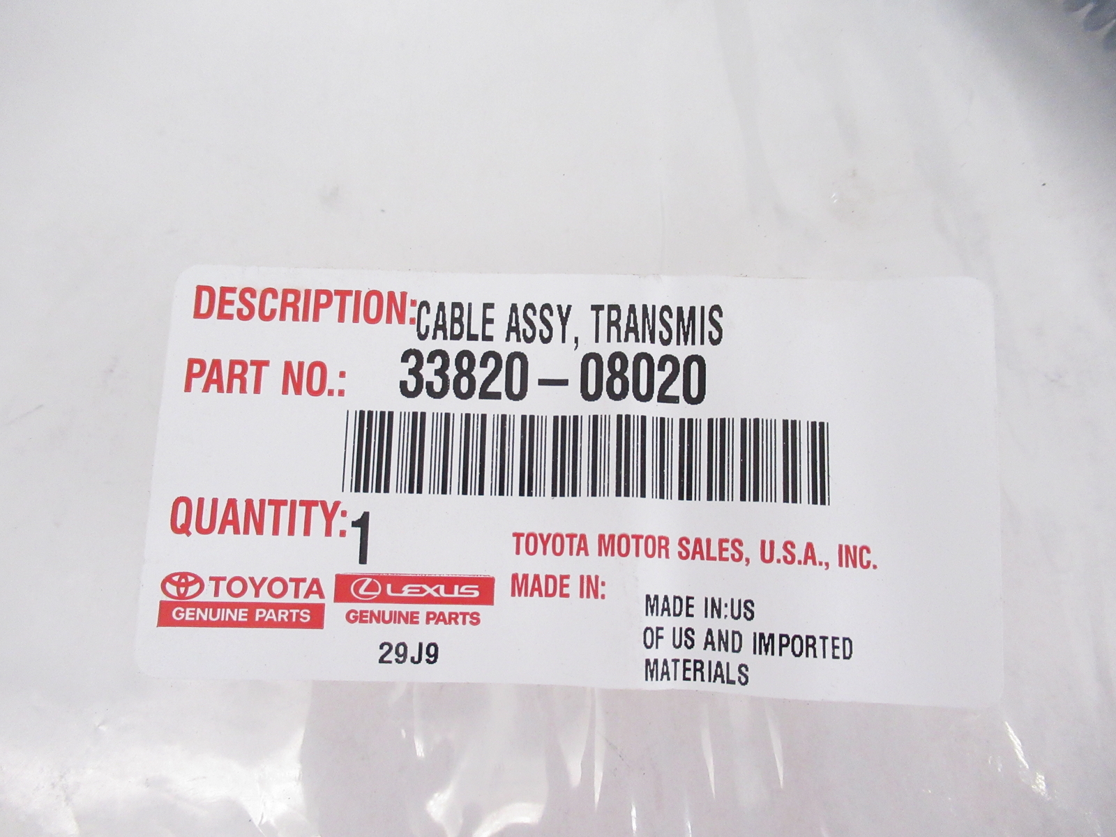 Genuine OEM Toyota 33820-08020 Auto Trans Shifter Cable 2004-2010 ...