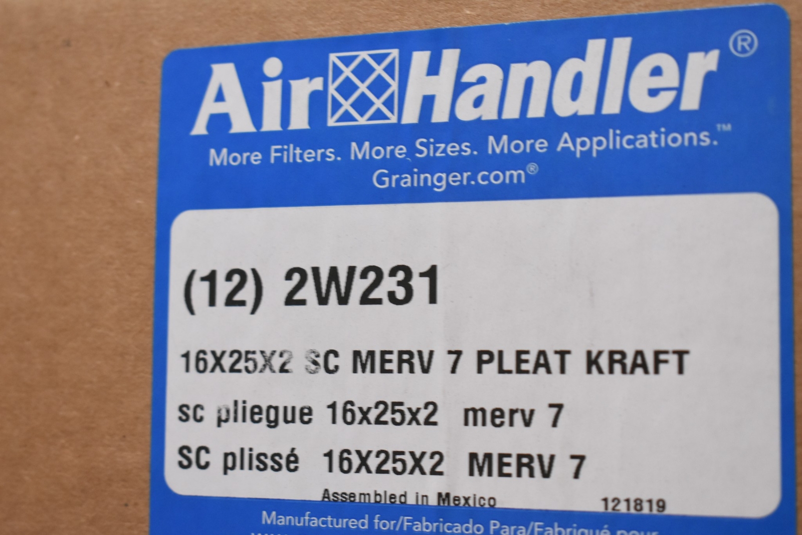 AIR HANDLER 2W231 SYNTHETIC PLEATED AIR FILTER 16 X 25 X 2, MERV 7 (LOT ...