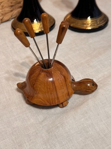 Vintage Oliv-Art CARVED Wood Turtle Toothpick Holder with 5 picks.Pick ...