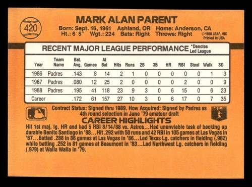 Mark Parent 1989 Donruss #420 San Diego Padres BASEBALL *083 | eBay
