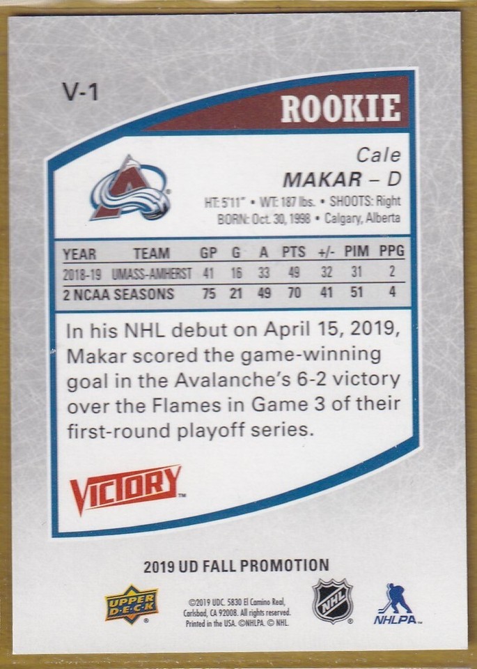 2019-20 Upper Deck Victory Black #V1 Cale Makar RC - Colorado Avalanche ...