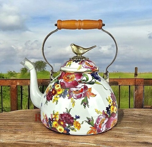 MacKenzie-Childs White Flower Market Tea Kettle With Bird 3 qt. New No ...