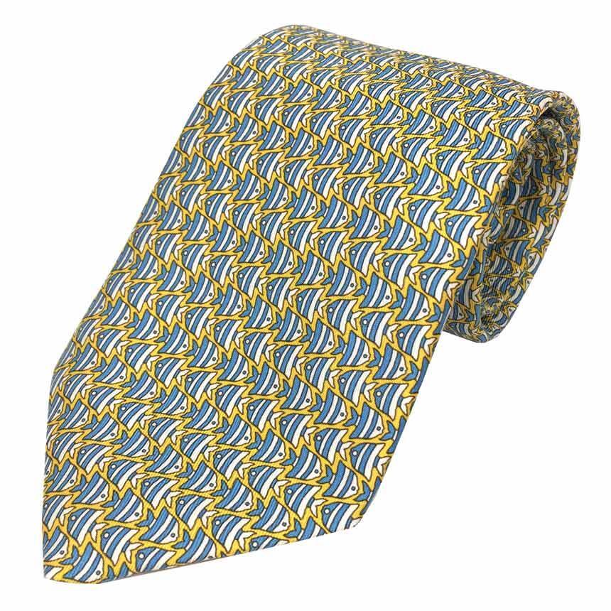 HERMES silk tie fine fish pattern mens Light blue yel… - Gem