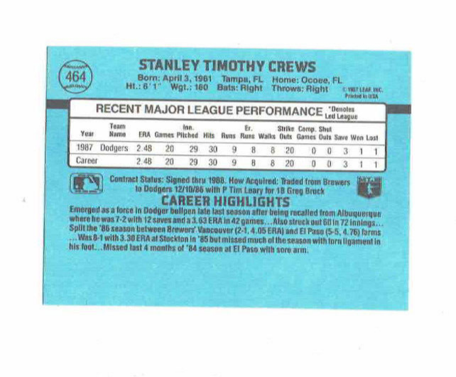 Tim Crews Dodgers Pitcher #464 Donruss 1988 Baseball Card | eBay