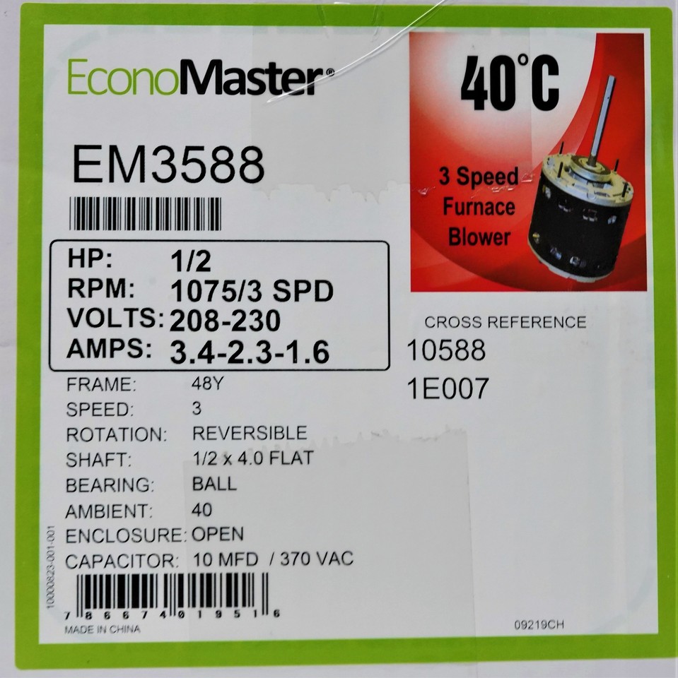 Air Handler Furnace HVAC Blower Motor 3588 1/2 HP 1075/3 RPM 230V 48 ...