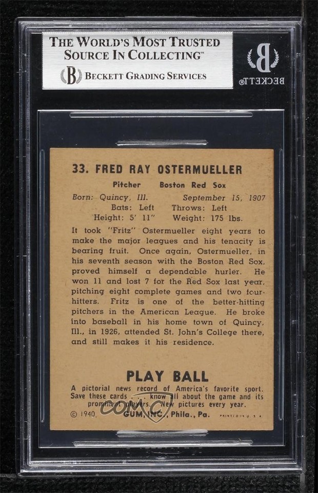 1940 Play Ball Fritz Ostermueller #33 BGS 6.5 | eBay