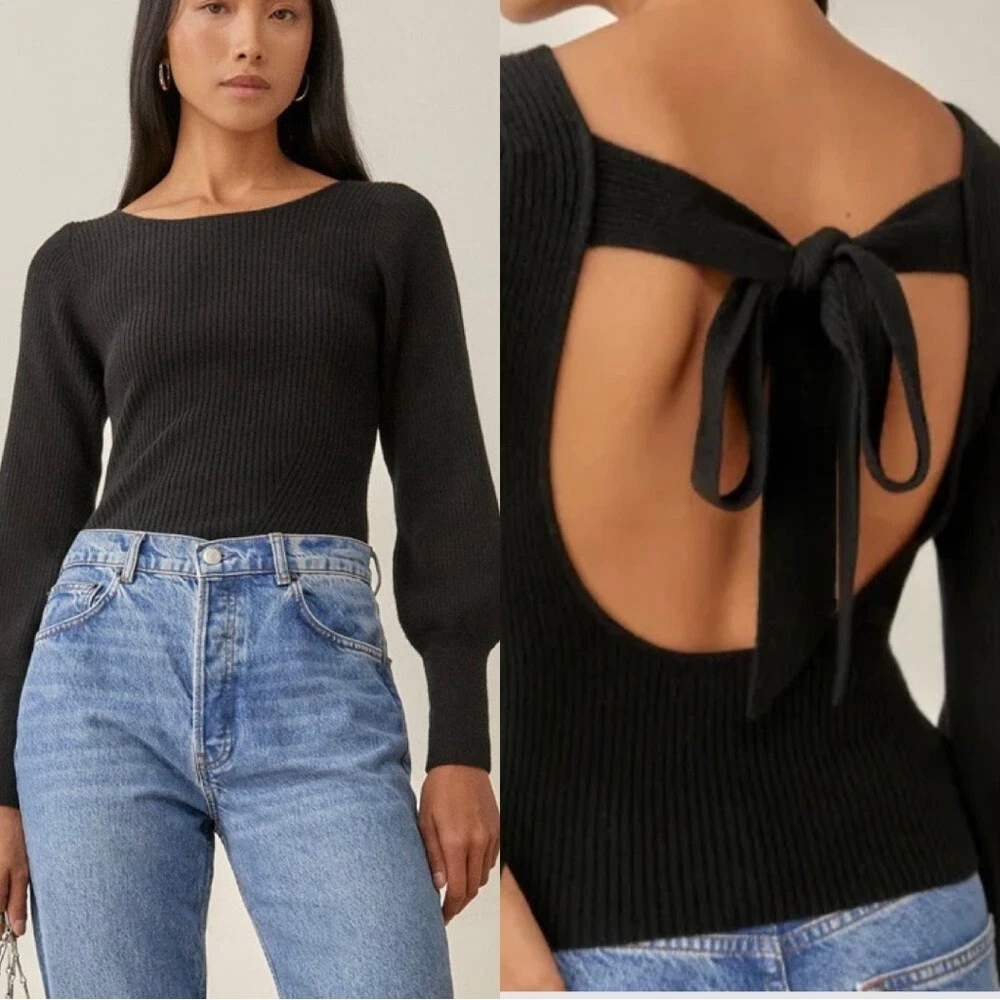 Reformation Alber Cashmere Ribbed Open Back Sweater Black Large MSRP ...