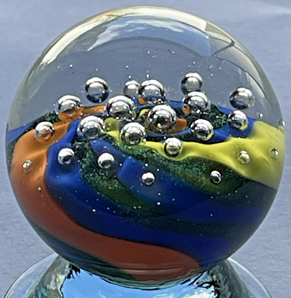 2015 RICK DAVIS MARBLE SIGNED HANDMADE GLASS ART 1.52 BUBBLES ORANGE ...