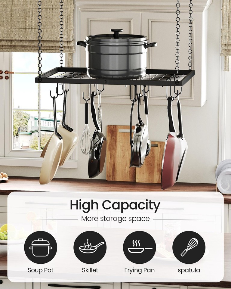 Hanging Pot Rack Ceiling Mounted Kitchen Cookware Organizer with 12 ...