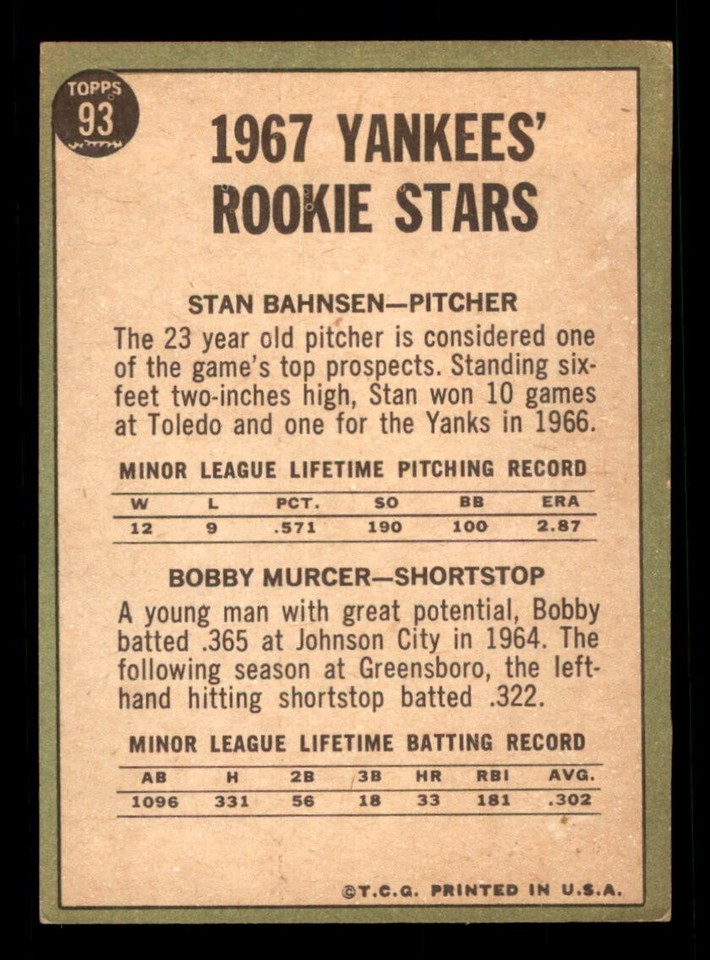 1967 Topps Baseball #93 Yankees Rookies VG/EX *e2 | eBay
