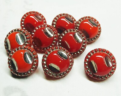 9 Vintage Diminutive Red Glass Sewing Buttons w/ Silver Luster ~ just ...