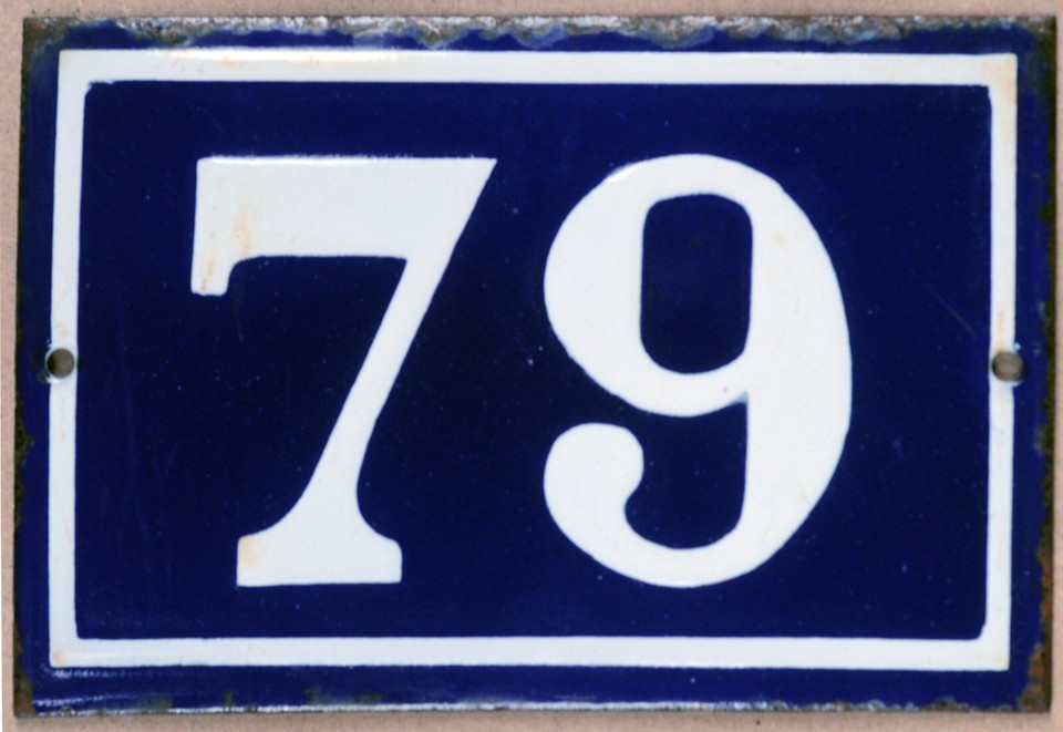 Old blue French house number 79 door gate wall fence street sign plate ...