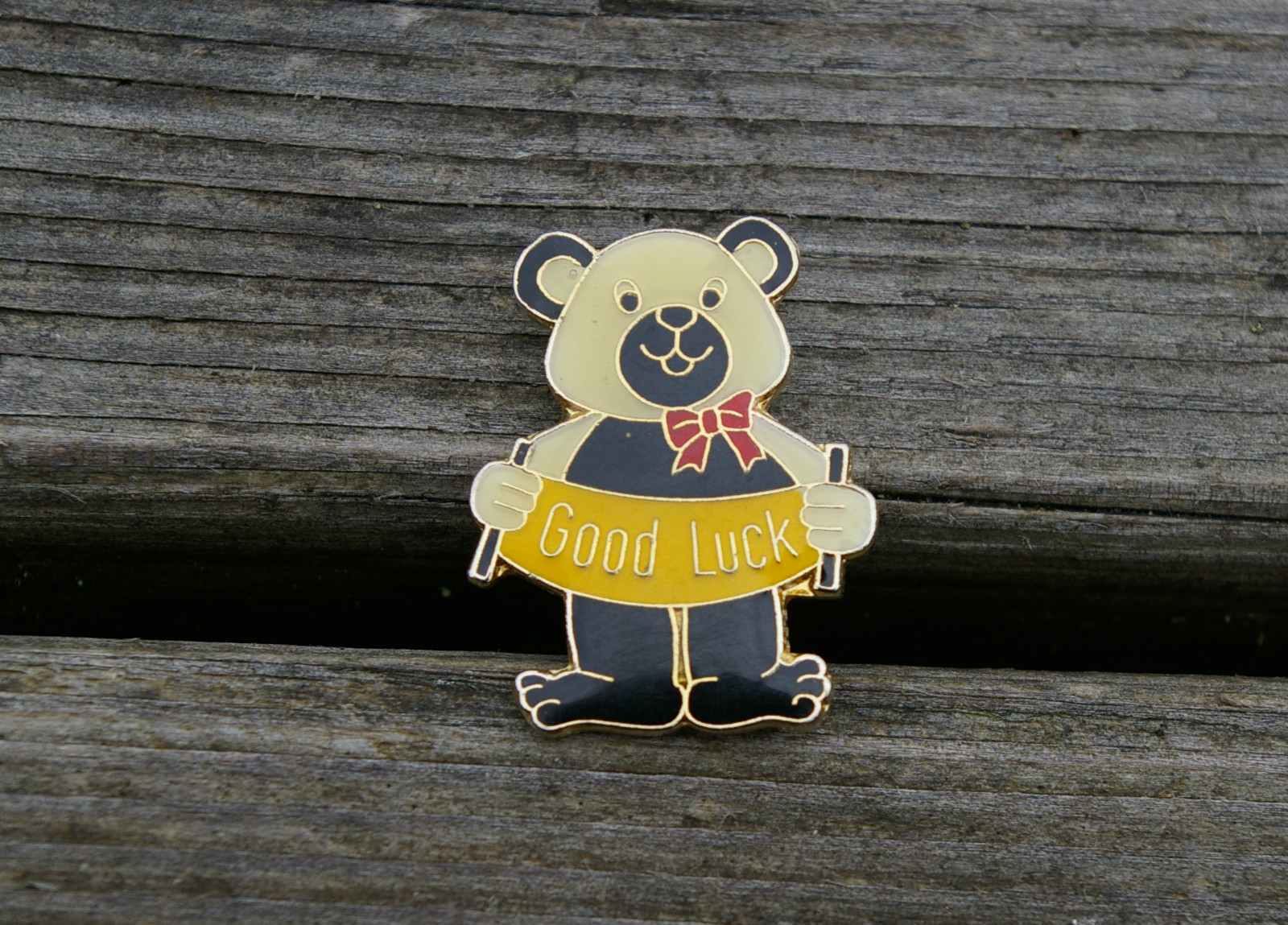 Good Luck Teddy Black & White Bear Yellow Banner Red Bow Enamel Pin ...