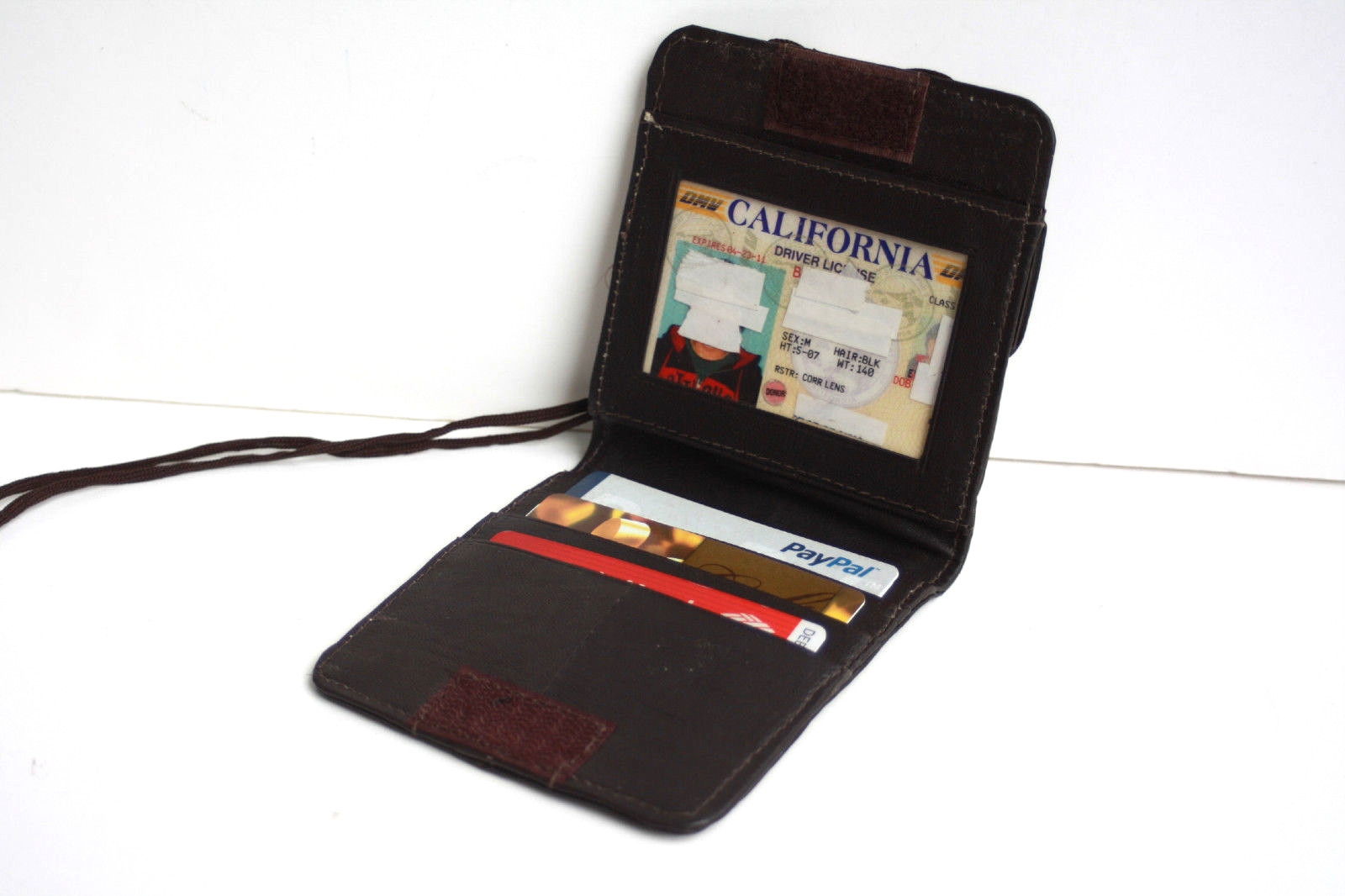 LEATHER WALLET ID Window Flap Pocket Card Slots Holder Adjustable Neck ...