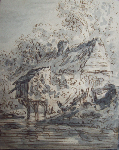 JOHN CONSTABLE EARLY 18C ink & watercolour wash landscape drawing on ...