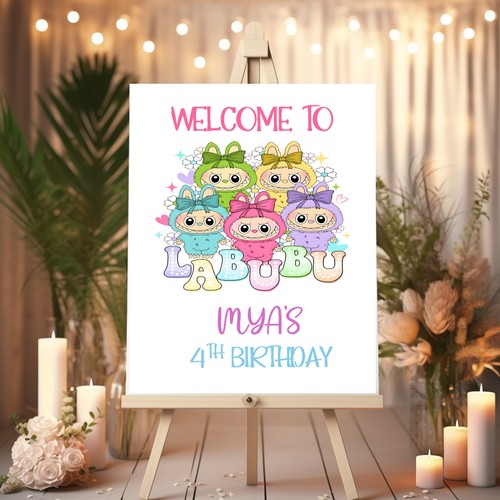 Personalised Labubu kids birthday welcome sign party hall decor poster ...