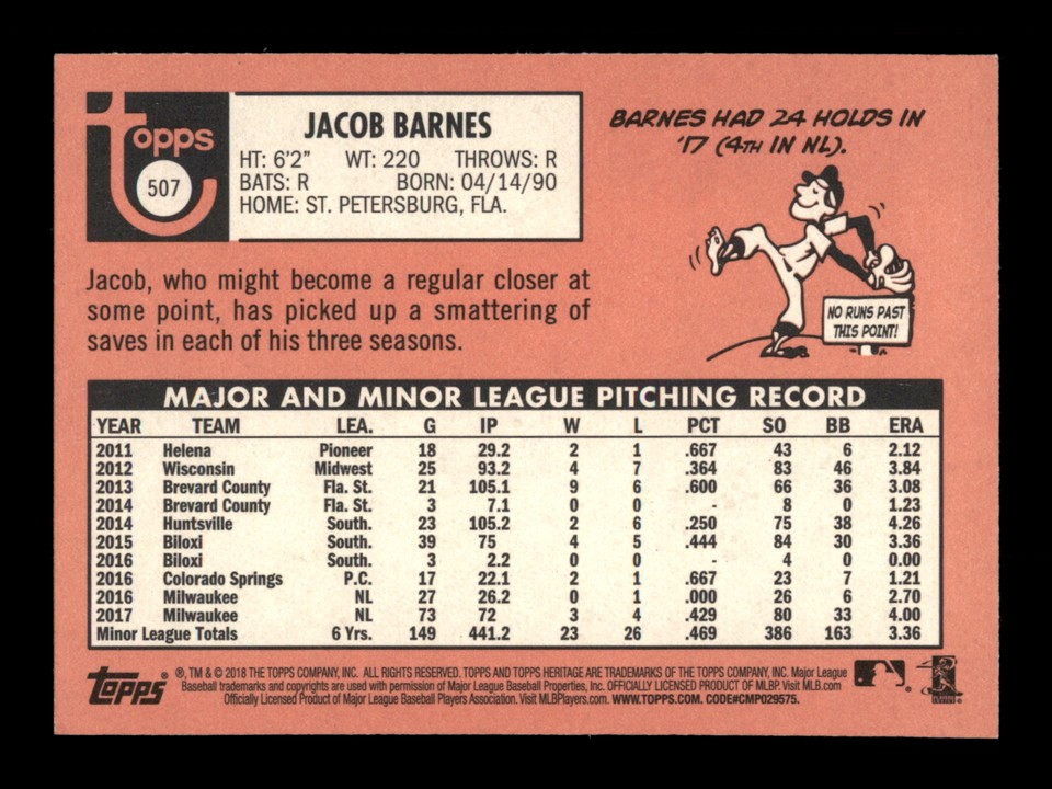 2018 Topps Heritage #507 Jacob Barnes RC Milwaukee Brewers | eBay