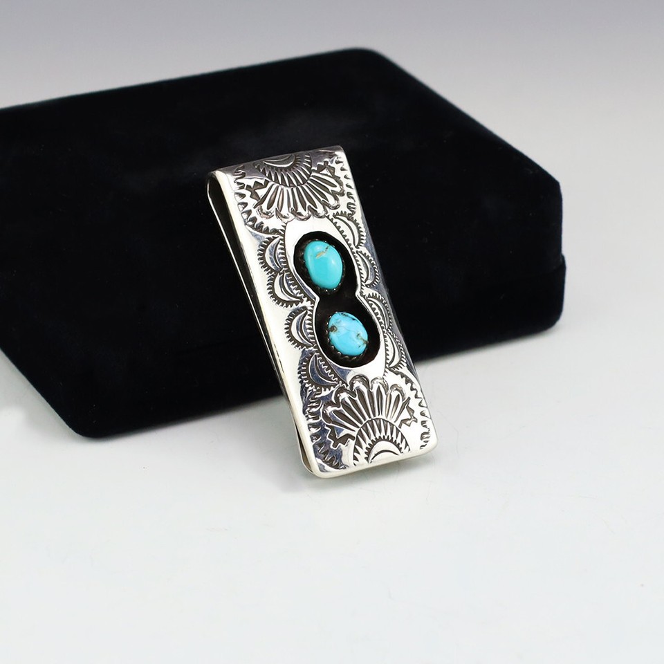 NATIVE AMERICAN NAVAJO STERLING SILVER & TURQUOISE MONEY CLIP BY ...