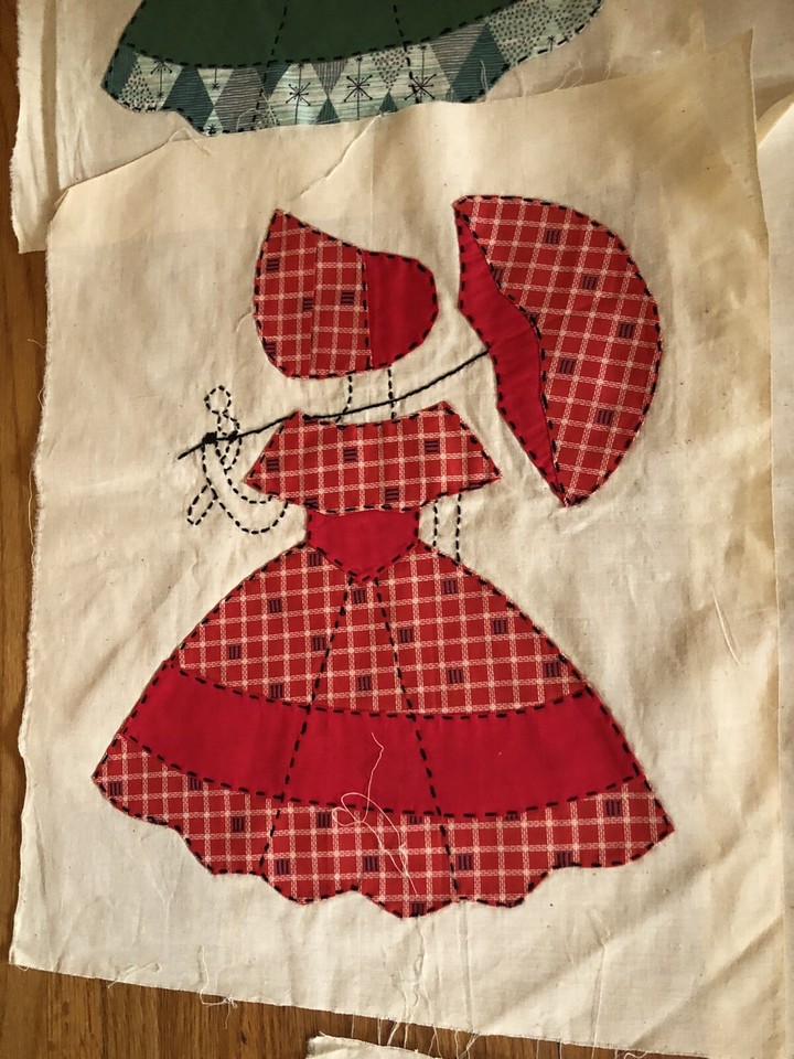 Sunbonnet Sue Southern Belle 7 Vintage Flour Sack Quilt Blocks 20x17 ...