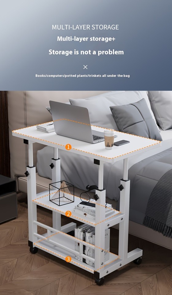 3 Tier Rolling Computer Desk Laptop Table Height Adjustable Study Table ...