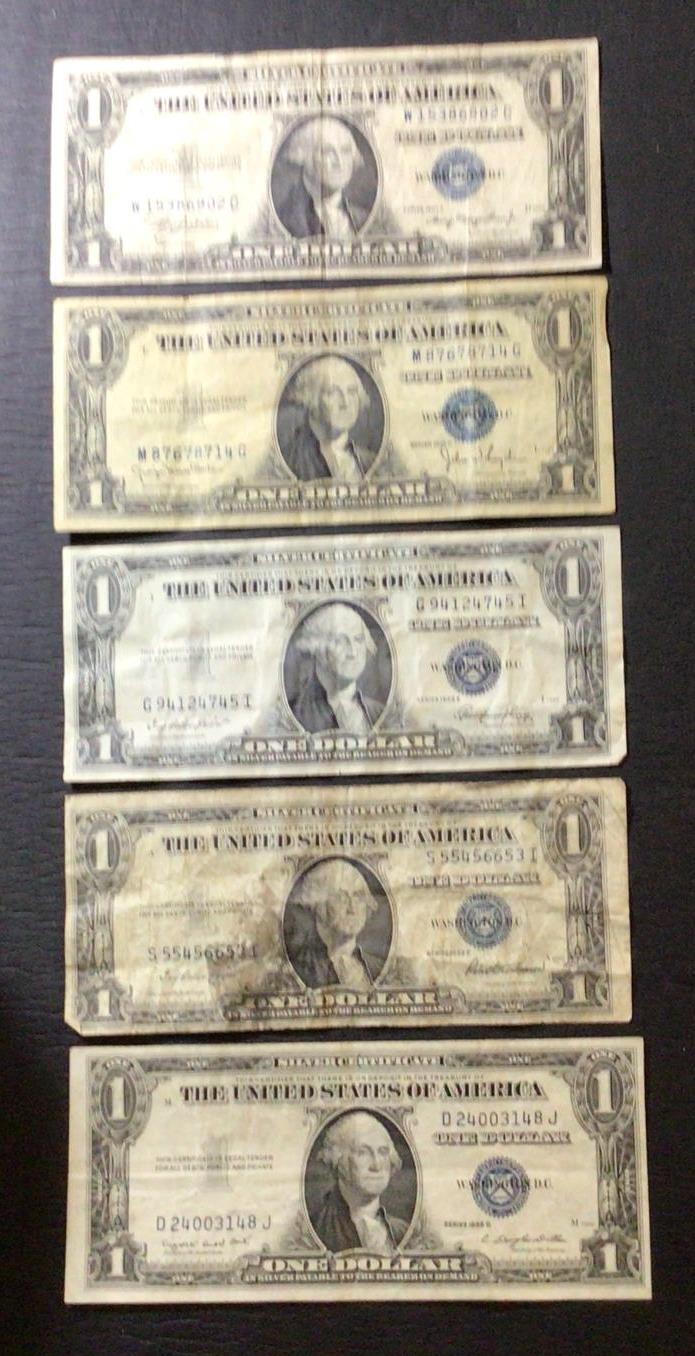 1935A-1935G $1 BLUE SILVER Certificates Set of 5! Old US Paper Currency ...