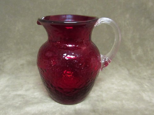 1960s Mid Century Modern Red Crinkle Art Glass Handled Creamer Pitcher ...