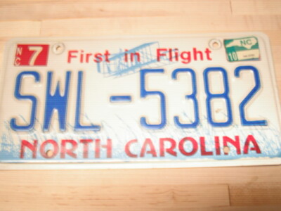 North Carolina NC First in Flight license plate SWL-5382 original ...