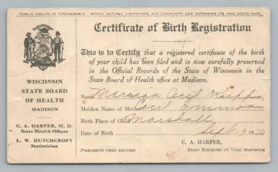 Rare Birth Certificate Postcard "Marion Cecil Krupp" MARSHALL Wisconsin ...