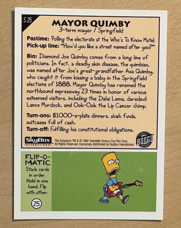 Mayor Quimby 1994 Skybox Simpsons Character Card #S25, NM-MT | eBay