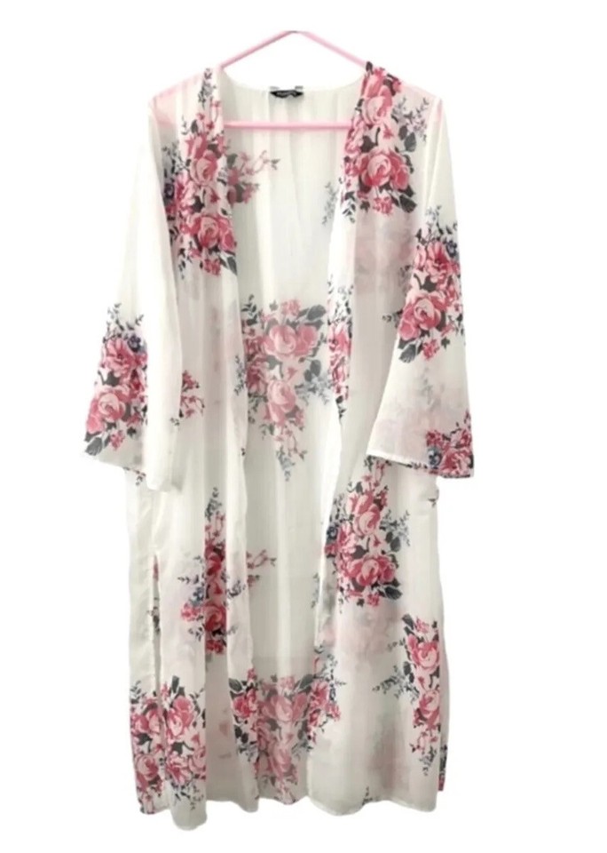 Floral Kimono Duster Cover Up Sheer Chiffon Women’s Size XL Pink White ...