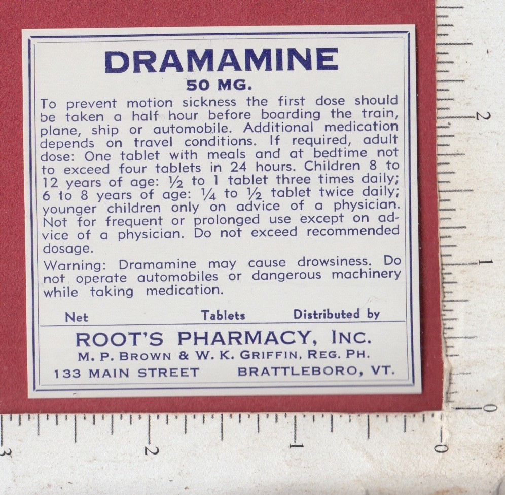 A673 Dramamine medicine label Root’s Pharmacy Brattleboro VT M. P ...