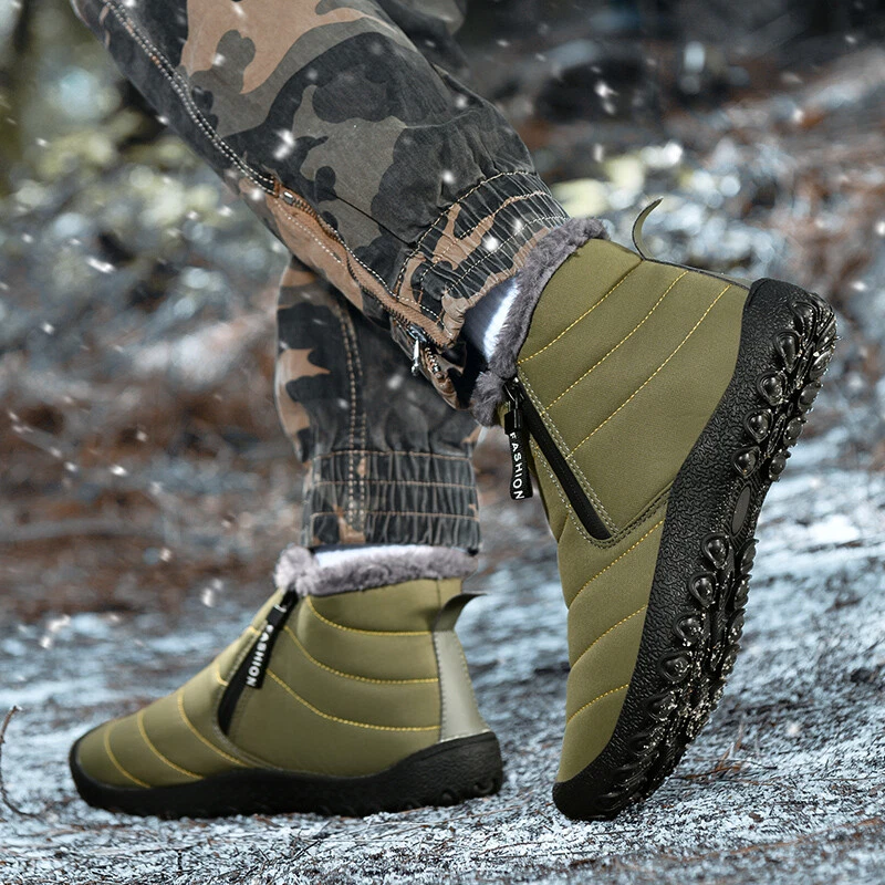 Mens Snow Boots Warm Fur Lined Ankle Waterproof Slip On Outdoor Winter ...
