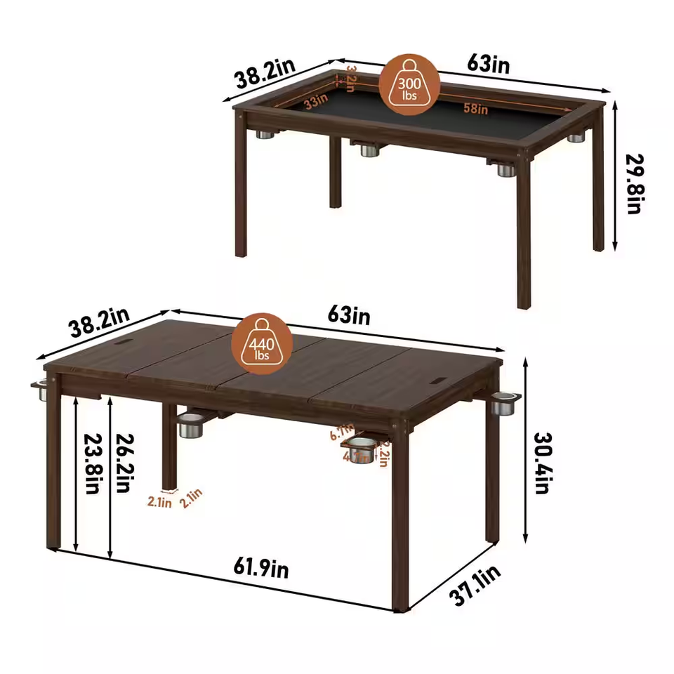 Wood Poker Table Convertible Gaming Table for 4-6 Players with ...