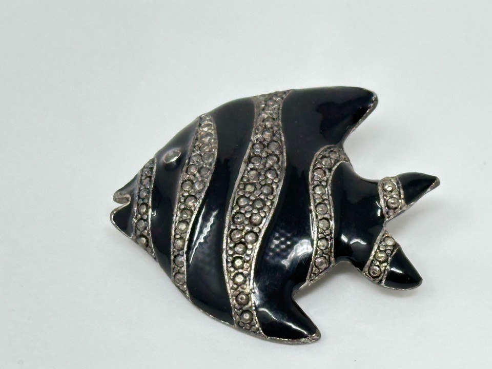 Beautiful Silvertone Black Enamel Faux Marcasite Angelfish Fish Pin ...