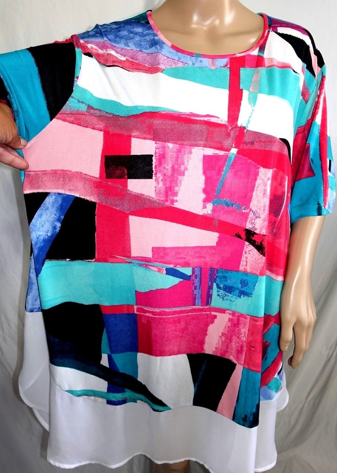 N Touch Women Plus 1x 2x 3x Elegant Teal Red White Tunic Top Blouse Top ...