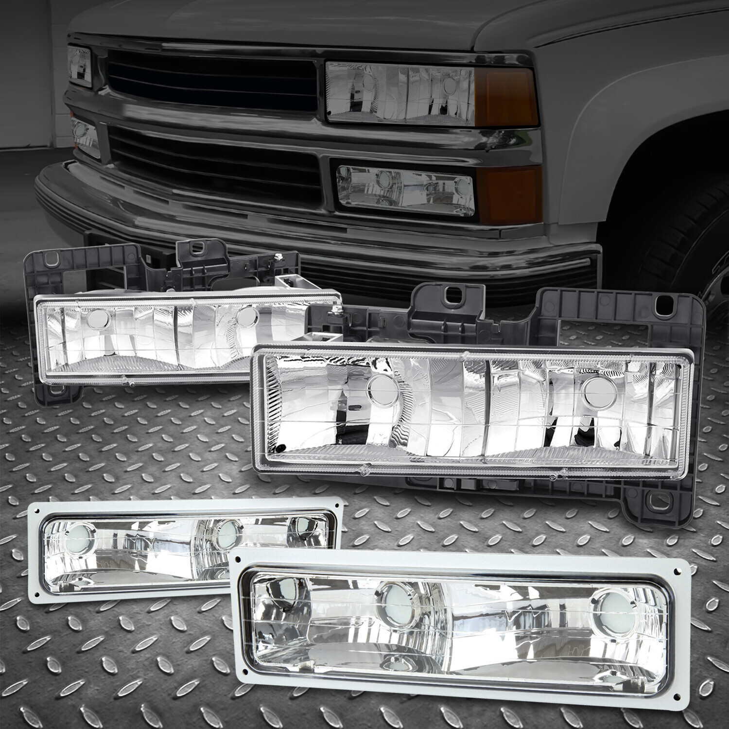 FITS 88-98 CHEVY C10 C/K 1500/2500/3500 TRUCK CHROME HEADLIGHTS+BUMPER ...