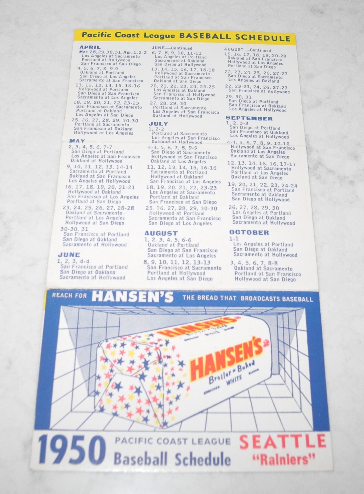 1950 Baseball PCL Pacific Coast League Seattle Rainiers Schedule Roster ...