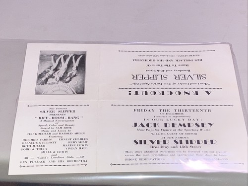 Original Brochure Silver Slipper Club w/Jack Dempsey (Tunney)ca.1926 ...