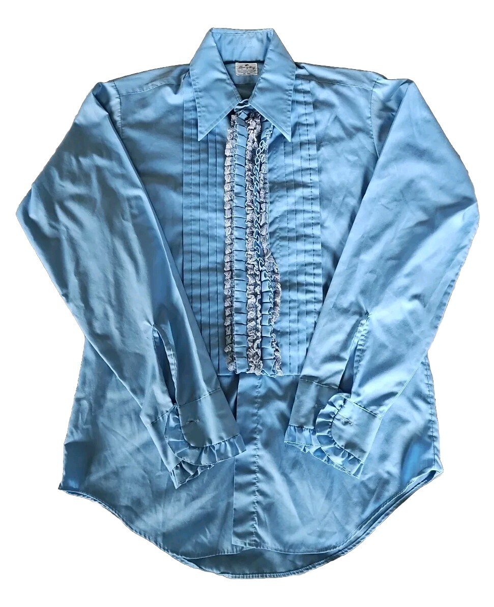 Vintage Lace Ruffled Blue Tuxedo Button Shirt Mens 15 33 Victorian ...