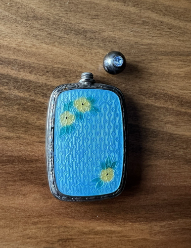 Miniature Sterling Perfume Bottle Flask Art Deco Blue Guilloche Yellow ...