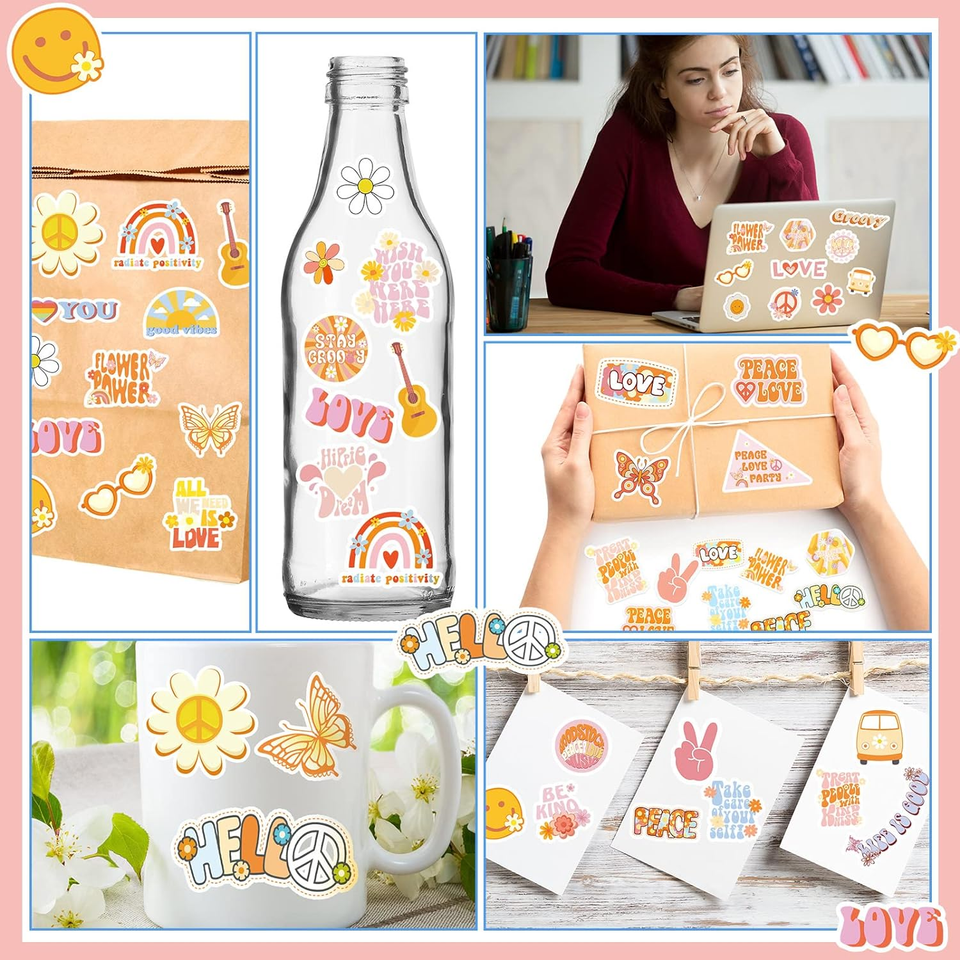 200 Pcs Hippie Stickers Preppy Stickers Peace Love Stickers Vinyl ...