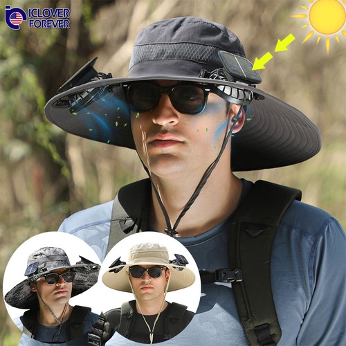 Wide Brim Bucket Sun Hat With Solar Fan Men Fishing Hiking Outdoor ...