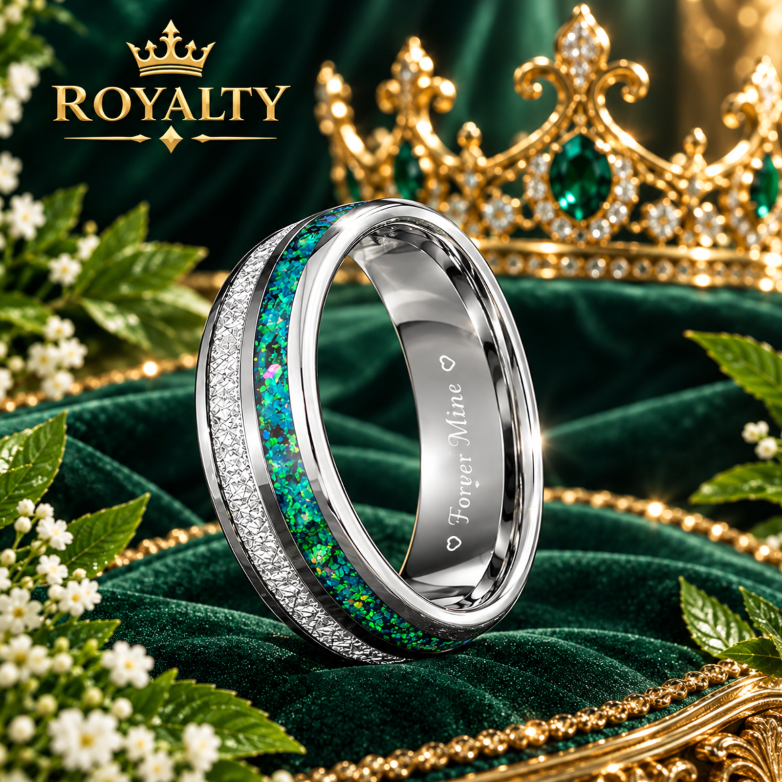 6mm Tungsten Ring, Meteorite With Green Opal Inlay, Engraved Wedding ...