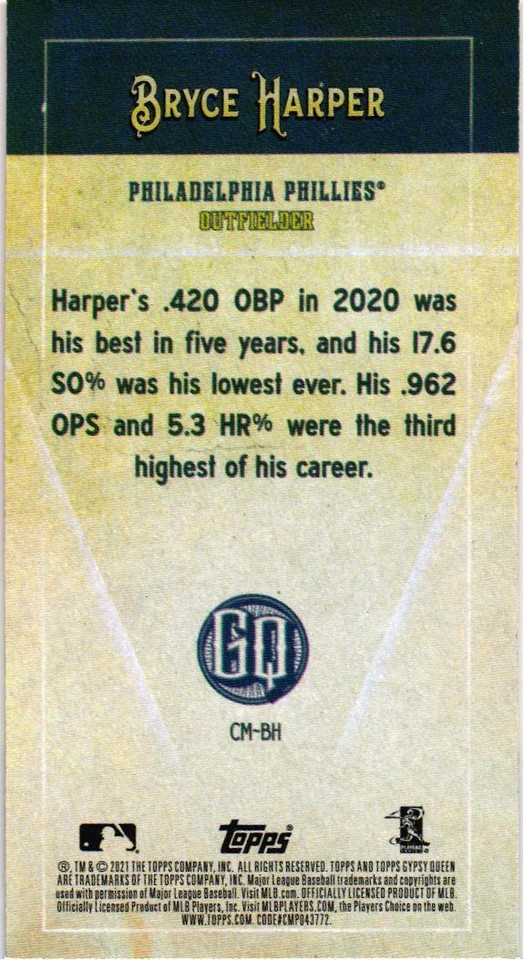 2021 Topps Gypsy Queen #CM-BH Bryce Harper Captains Minis | eBay