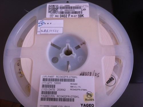 RC0402FR-0759KL, YAGEO, Thick Film Resistor 0402 59K Ohms 1%, 10000 pcs ...